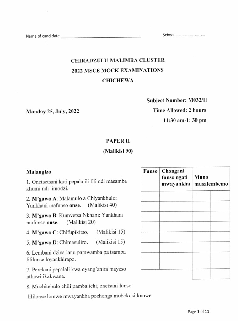 2022 CZ - Chichewa Paper Ii Msce Mock | PDF