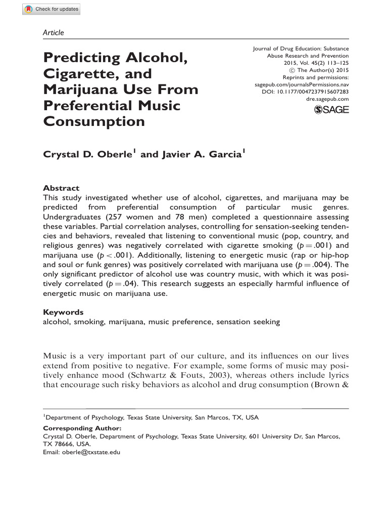 Predicting Alcohol, Cigarette, Andmarijuana Use FromPreferential MusicConsumption | PDF ...