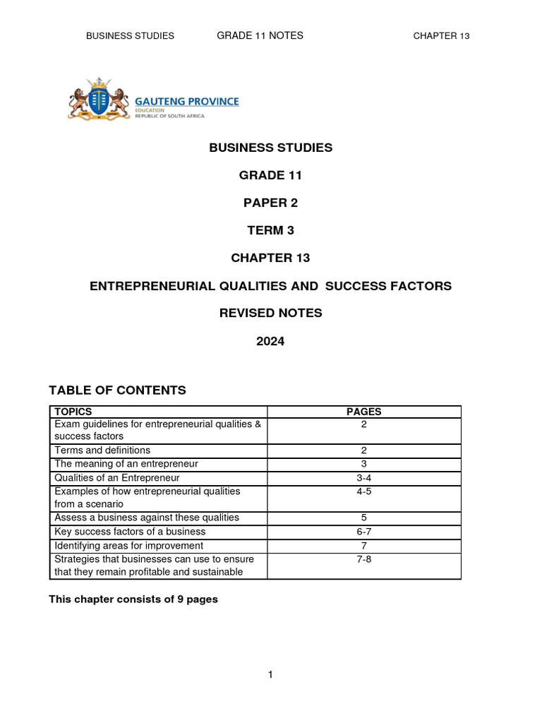 Teachers Copy Business Studies Grade 11 Notes Term 3 Chapter 13 | PDF ...
