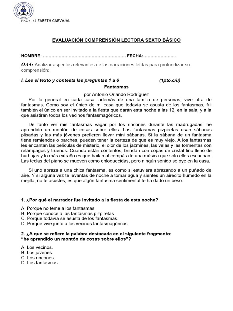Evaluacion Comprension Lectora Sexto Basico | PDF | Supersticiones | Amuleto