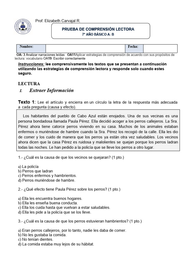 Prueba de Comprension de Lectura 7° A - B | PDF