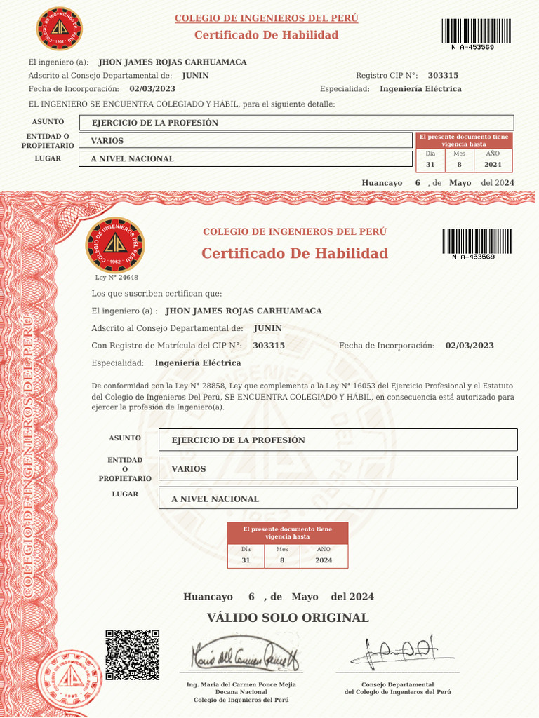 Cert Habilidad-453569-Cip-Junin | PDF | Ingeniería