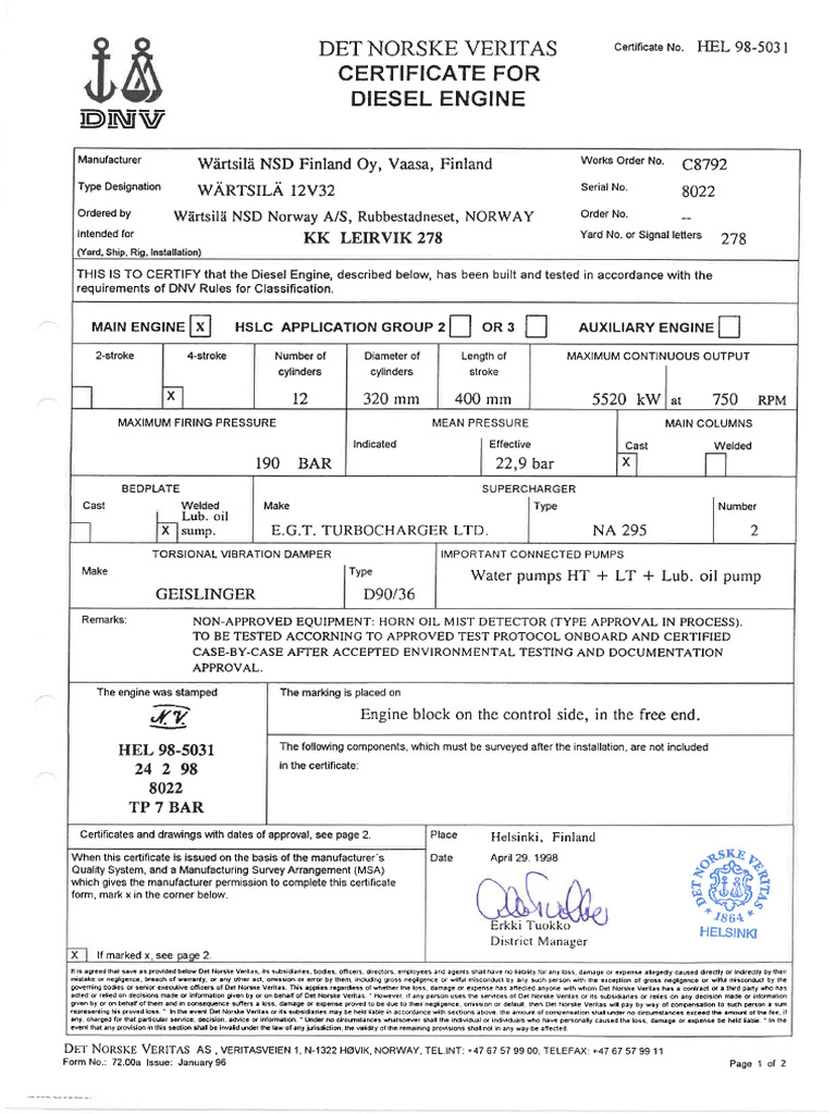 Wartsila 12V32 Ref 4485 8022 | PDF