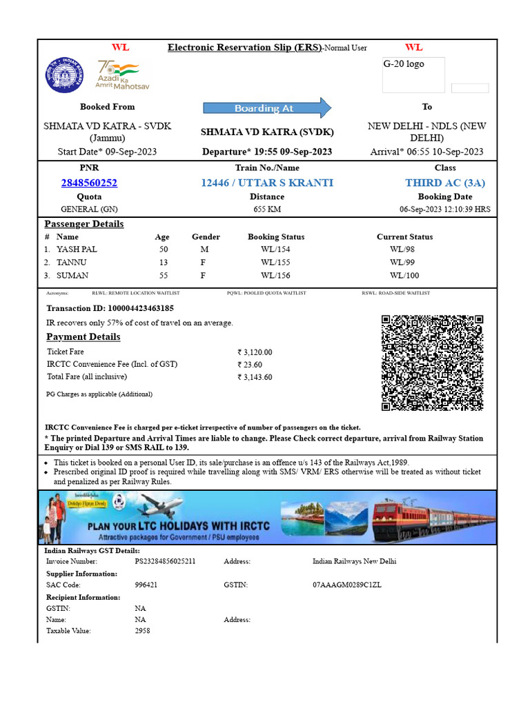 WL WL: Electronic Reservation Slip (ERS) | PDF | Identity Document ...