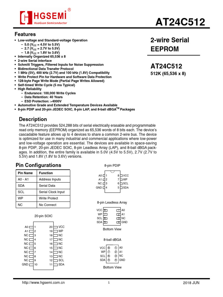 2-Wire Serial Eeprom 24C512 AT24C512: Features | PDF | Microcontroller | Bit