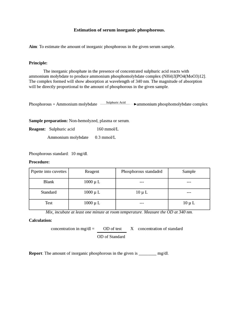 Serum Inorganic Phosphorus Estimation | PDF | Magnesium | Phosphate