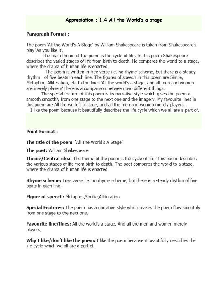1.4 All The World's A Stage | PDF | Poetry
