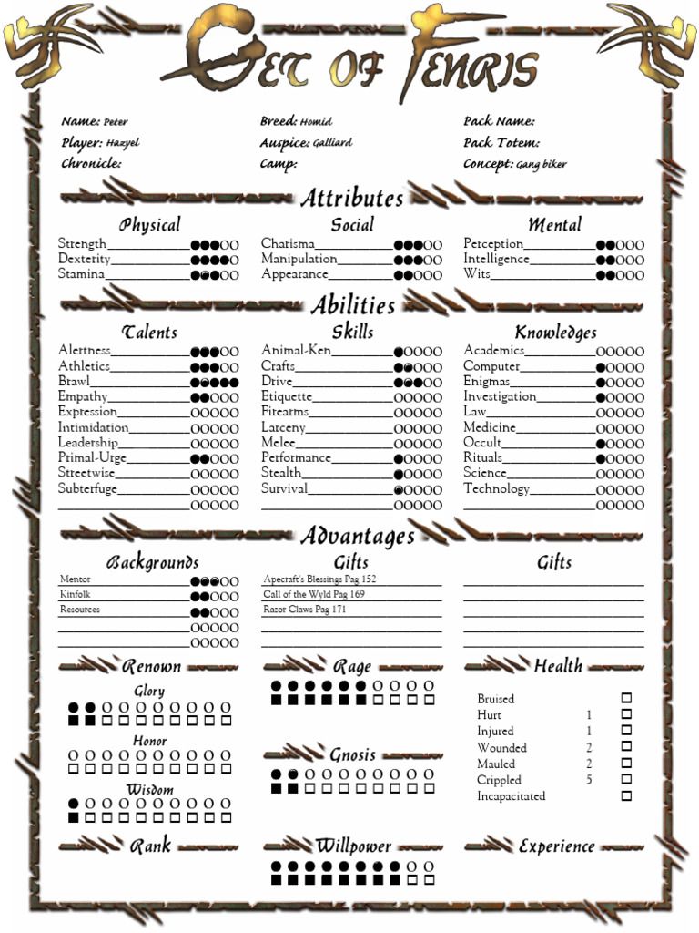 Uivo Font Character Sheet Template | PDF