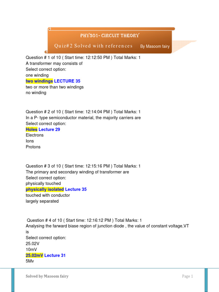 Phy 301 QUIZ2 SOLVEDWITHREFRENCESBYMASOOMFAIRY | PDF | Physical Quantities | Electronic Engineering