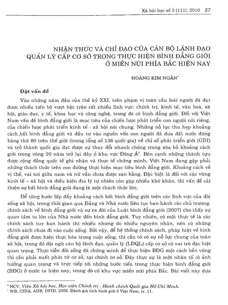 Nhan Thuc Va Chi Dao Cua Can Bo Lanh Dao Quan Ly Cap Co So Trong Thuc Hien Binh Dang Gioi o Mien ...