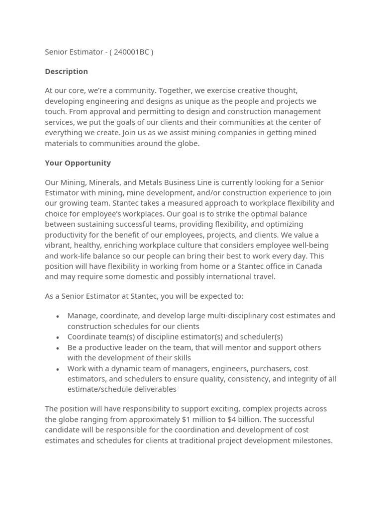 Stantec Senior Estimator | PDF | Engineering Design Process | Business