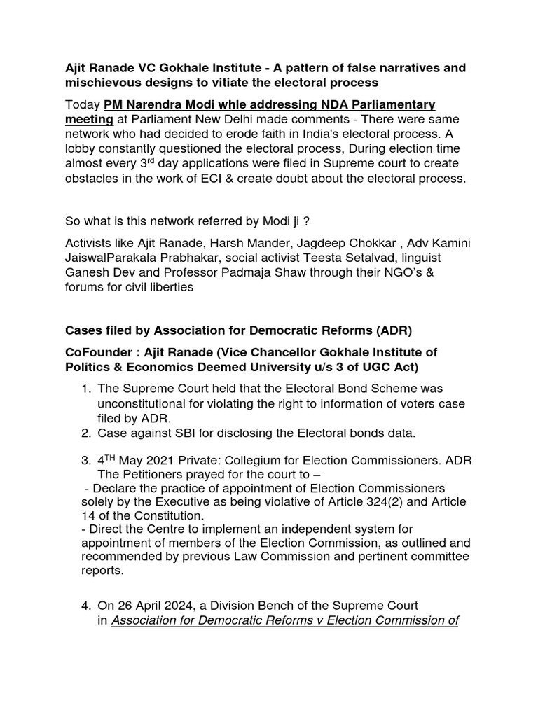 Ajit Ranade Role in Mischievous Designs To Vitiate The Electoral ...