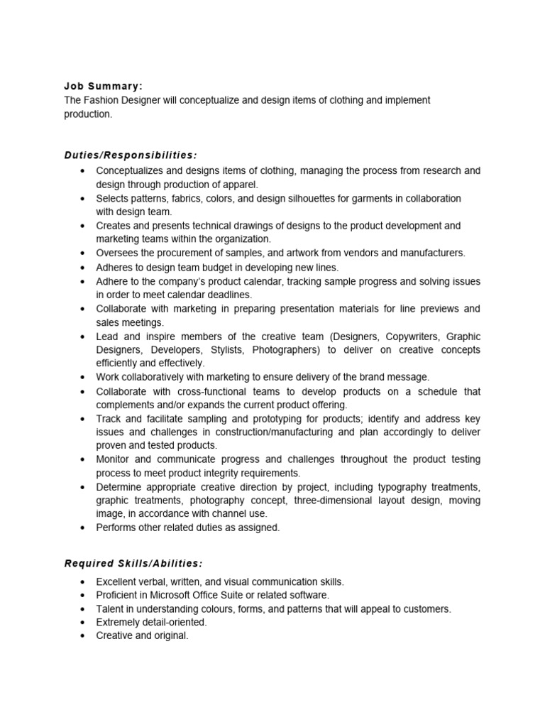 Fashion Designer Job Description | PDF | Clothing | Fashion