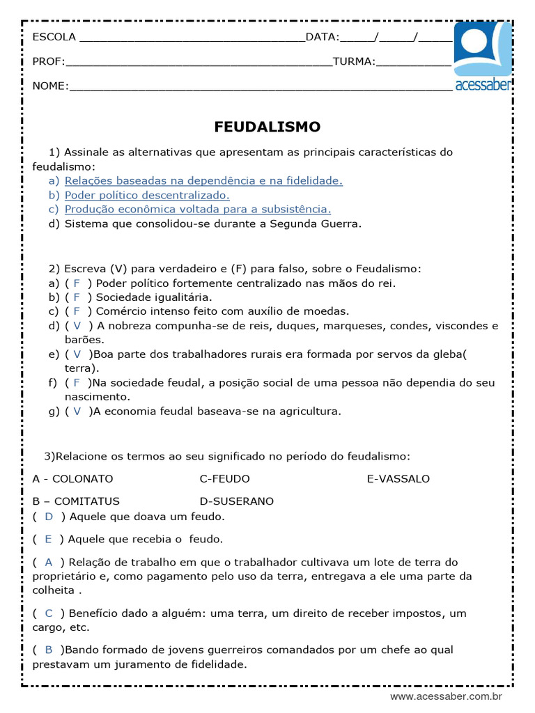 Atividade de Historia Feudalismo 7 Ano Respostas | PDF | Feudalismo | Servidão