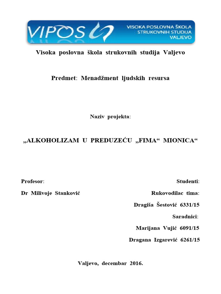 Alkoholizam U Preduzeću Fima Mionica | PDF