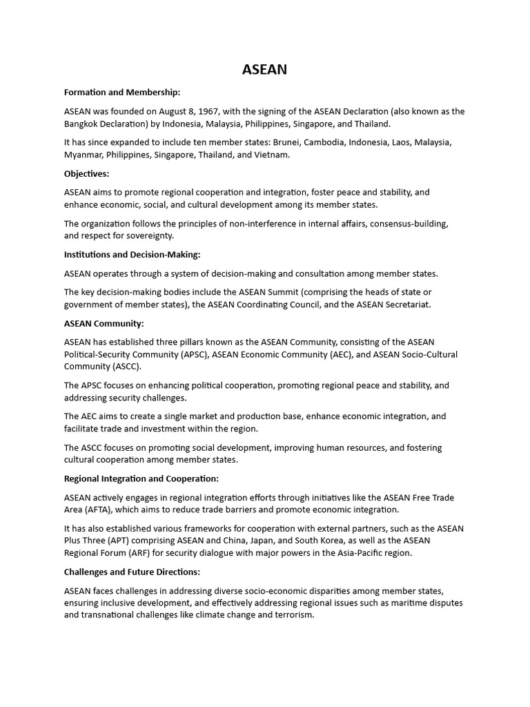 Overview of ASEAN Formation and Goals | PDF | Global Politics ...