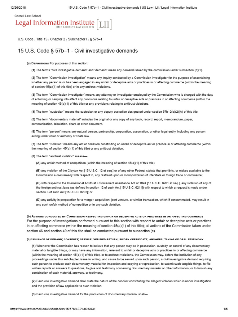 15 U.S. Code 57b-1 - Civil Investigative Demands - US Law - LII - Legal ...