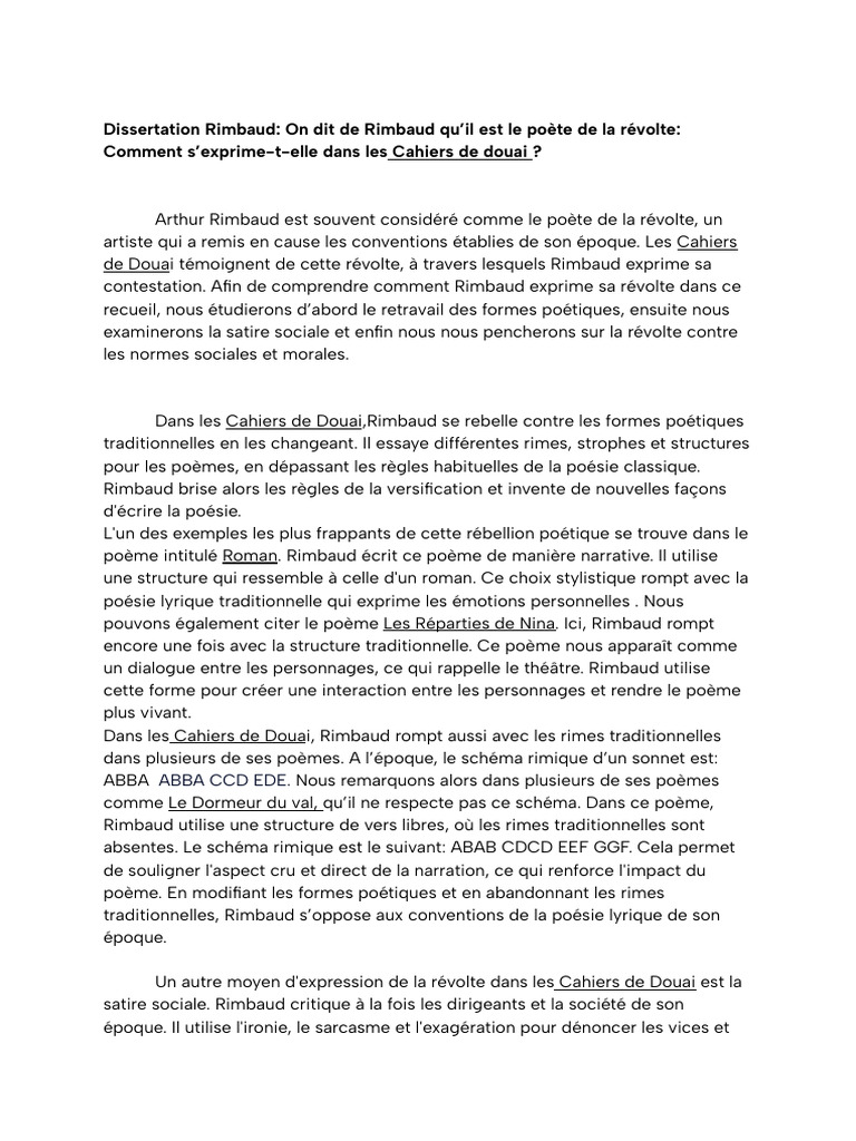 Dissertation Rimbaud - On Dit de Rimbaud Qu'il Est Le Poète de La ...