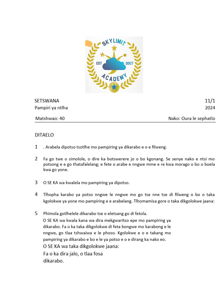 Jc Setswana Paper 1 | PDF