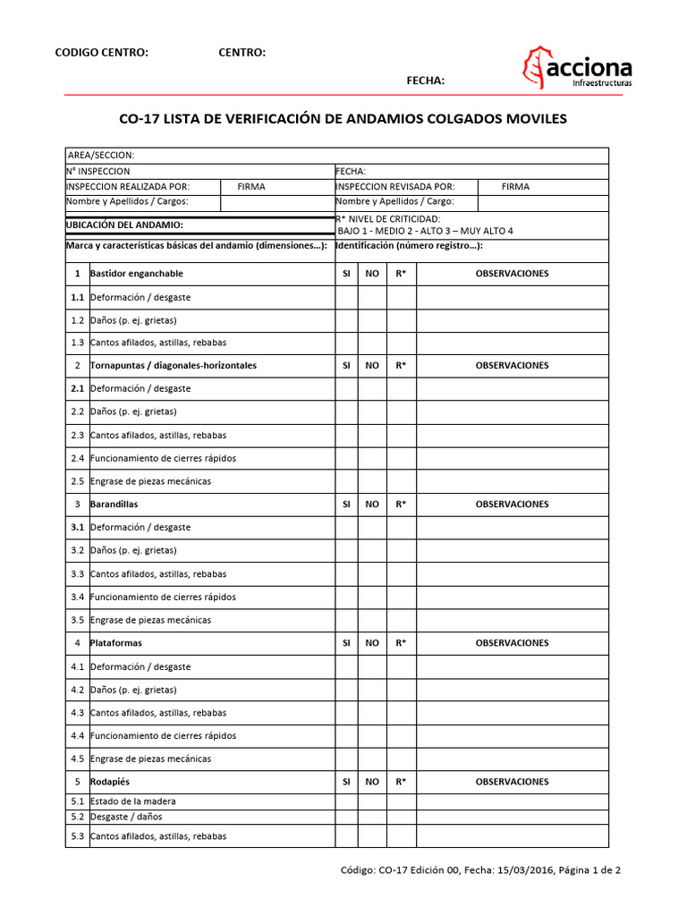 CO-17 Lista verificacion andamios colgados | PDF