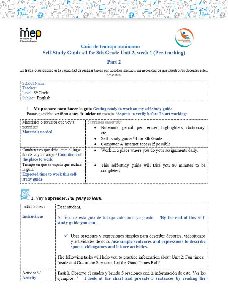 Self Study Guide For 8th Grade 4 Unit 2 Week 1 Part 2 | PDF