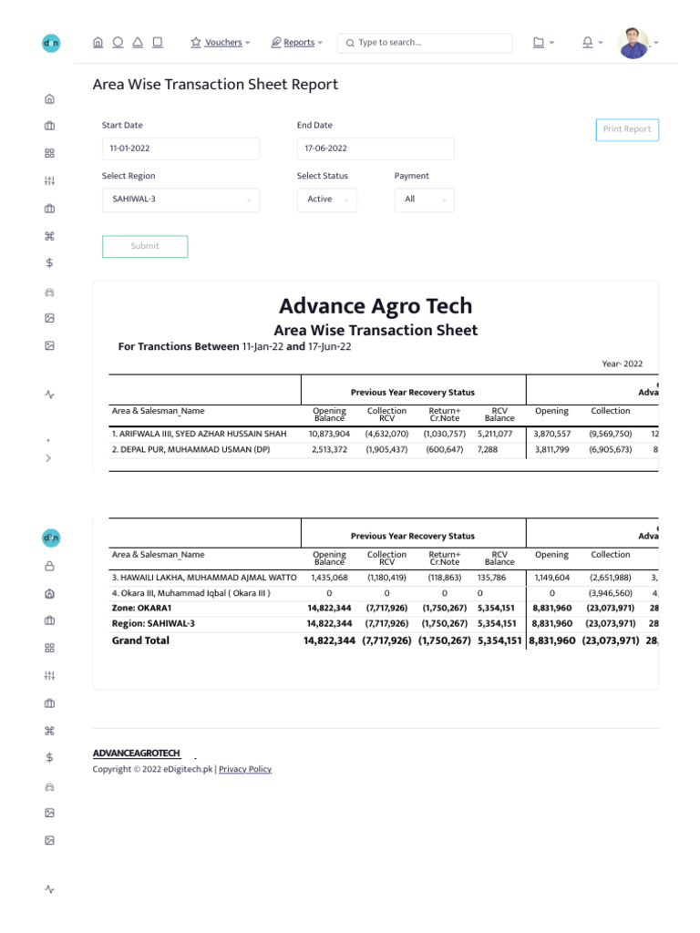 Area Wise Transaction Sheet - Finance Advance Agrotech | PDF