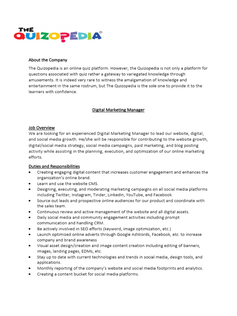 Digital Marketing Manager Job at Quizopedia | PDF | Digital Marketing ...