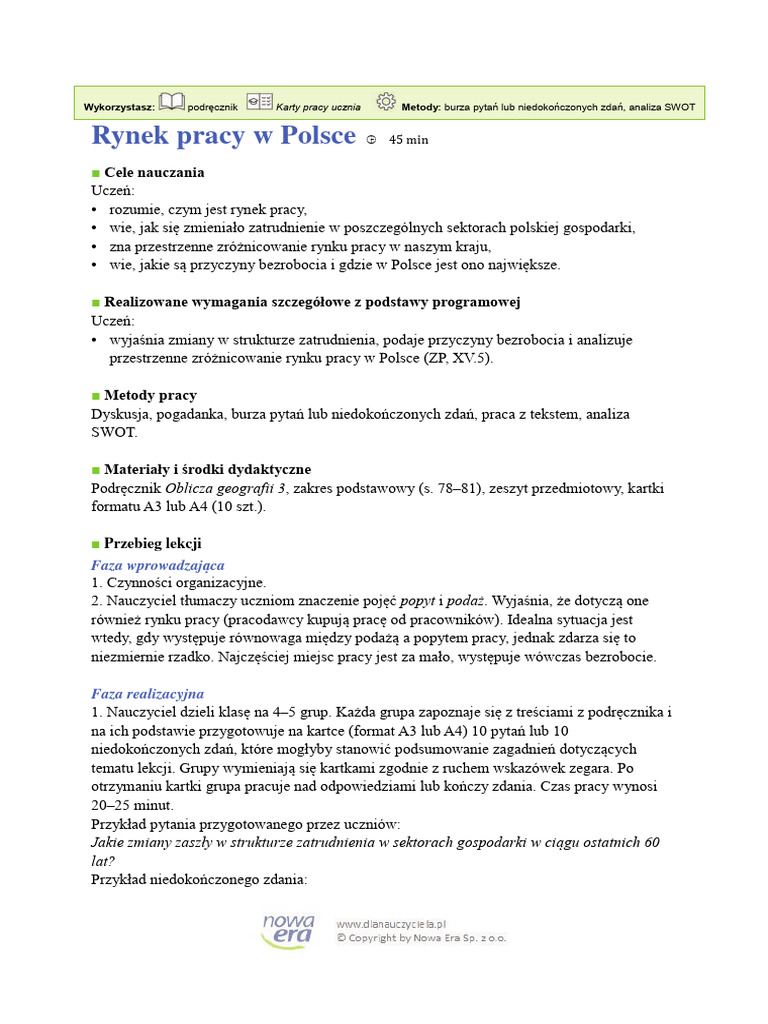 Scenariusz Lekcji Rynek Pracy W Polsce | PDF