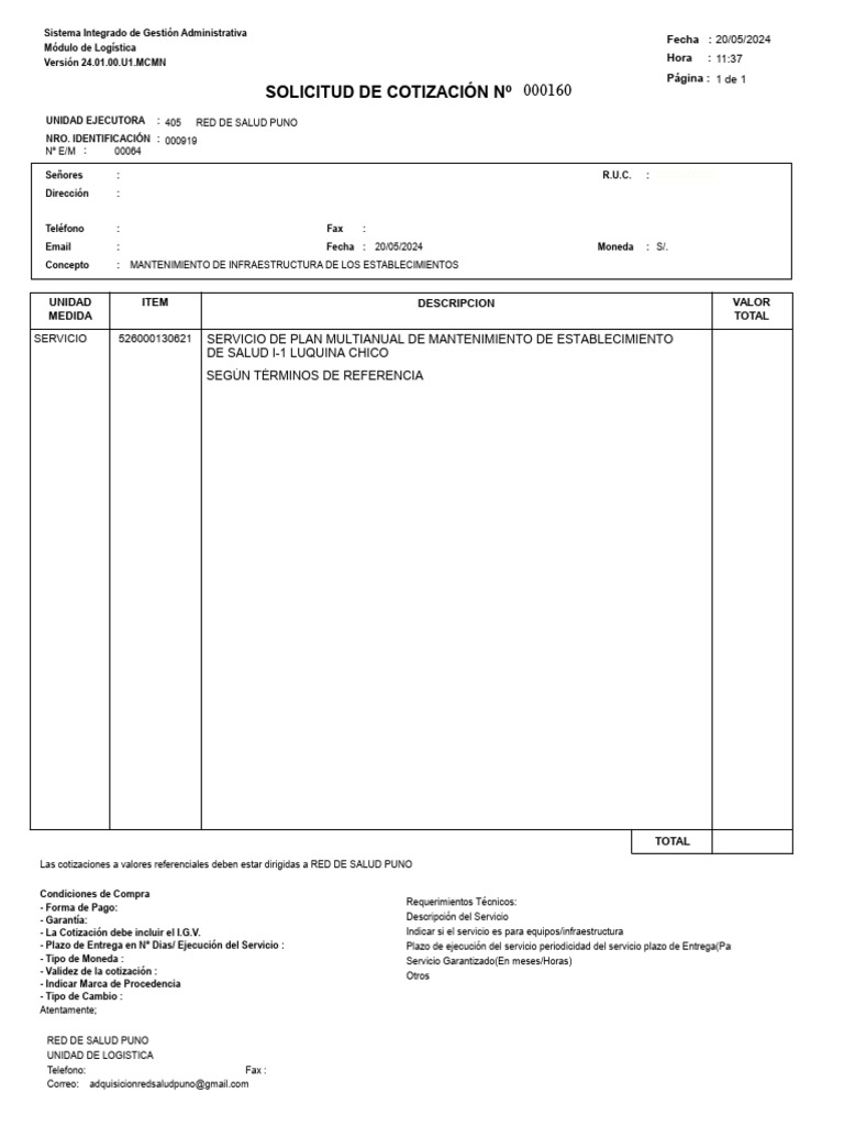 Solicitud de Cotizacion N°000160-2024 - PLAN MULTIANUAL DE MANTENIMIENTO DE EESS LUQUINA CHICO ...