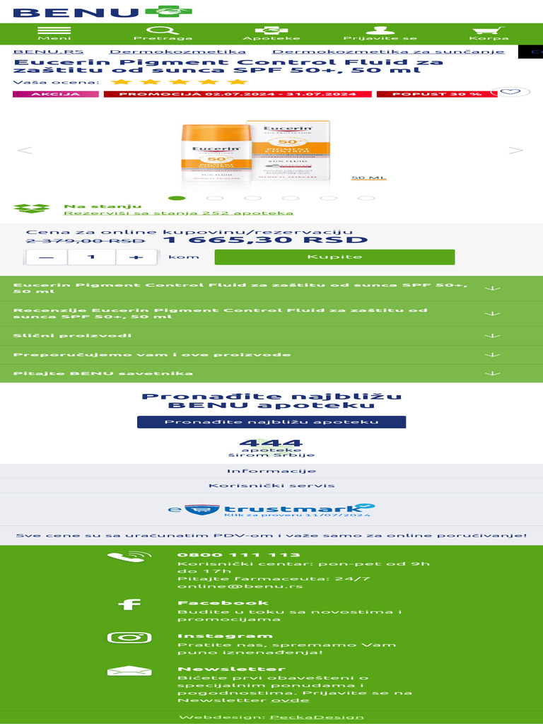 Eucerin Pigment Control Fluid Za Zaštitu Od Sunca SPF 50+, 50 ML - Popust 30 BENU - RS | PDF