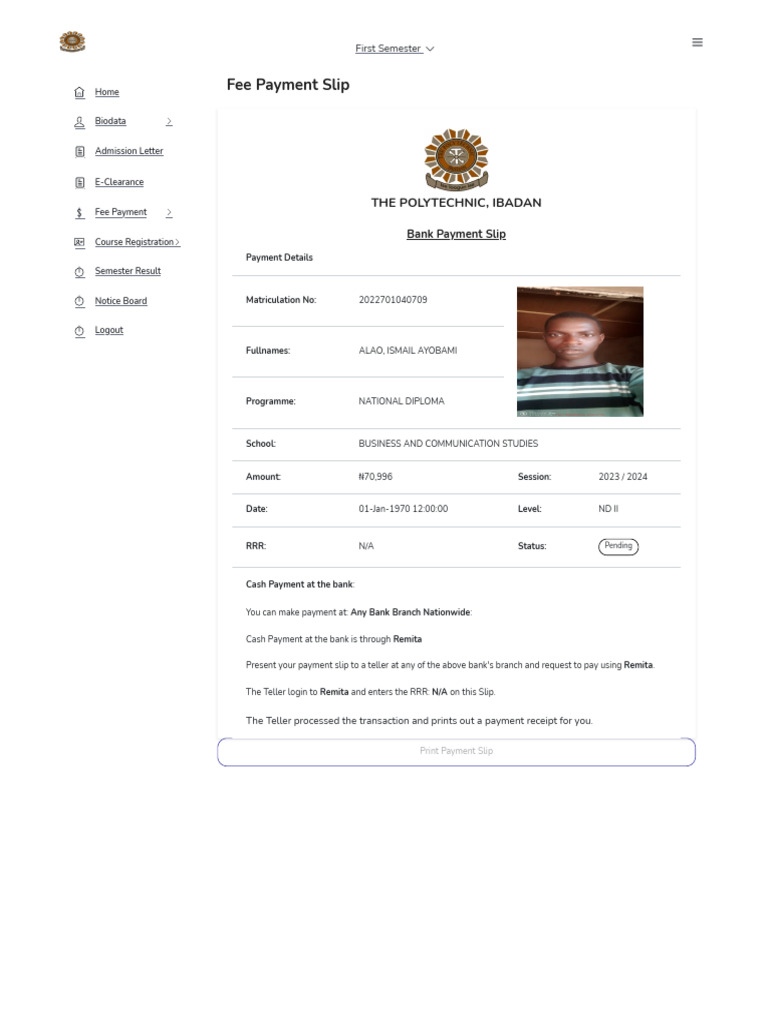 Polytechnic Ibadan Examination Slip | PDF