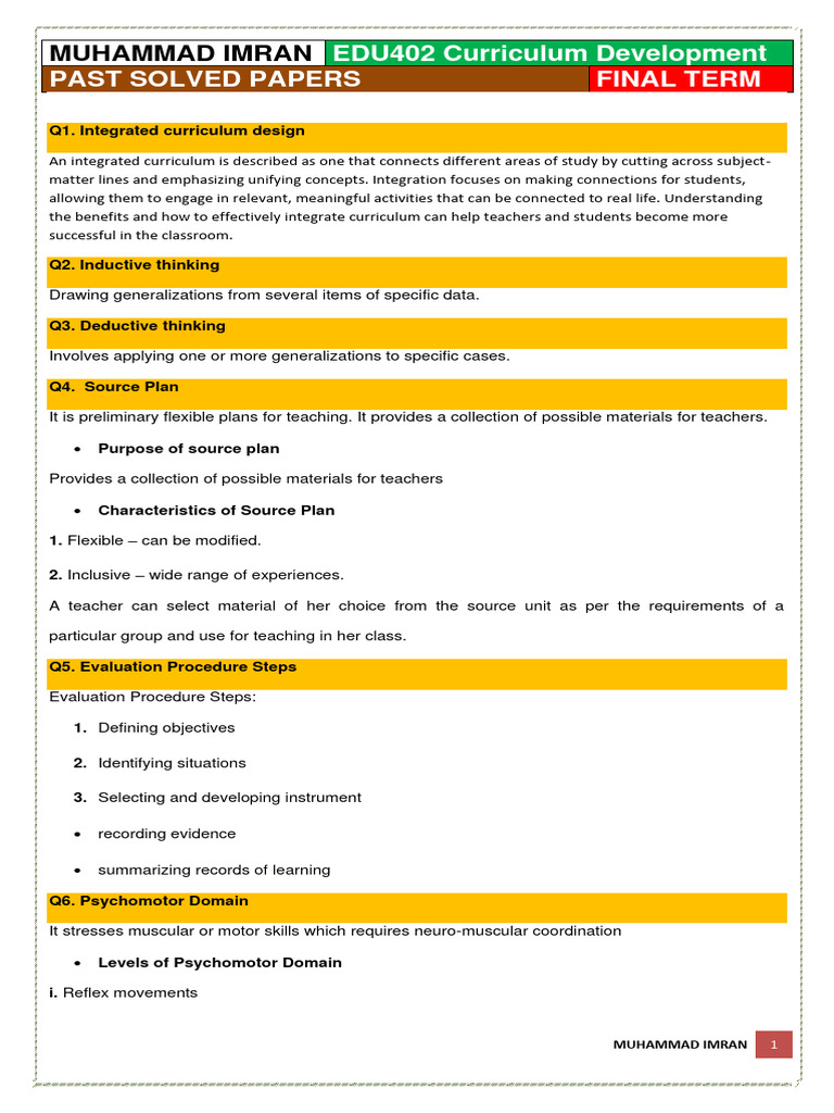 EDU402 Curriculum Development Past Papers | PDF | Curriculum ...