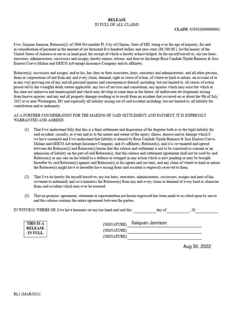 Settlement Contract Geico | PDF | Indemnity | Insurance