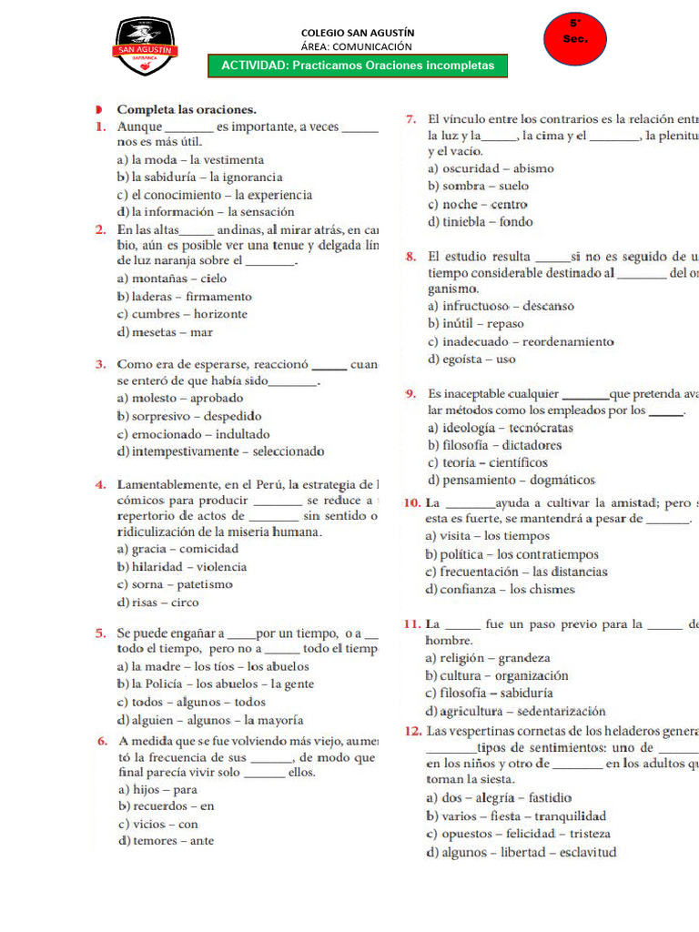Ejercicios de Oraciones Incompletas 5° Sec. | PDF