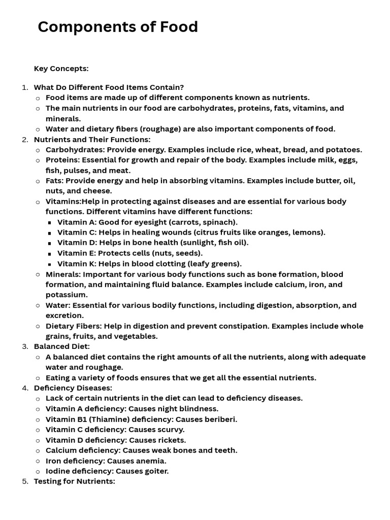 Class 6 CBSE Science - Chapter 2 Components of Food Notes | PDF ...