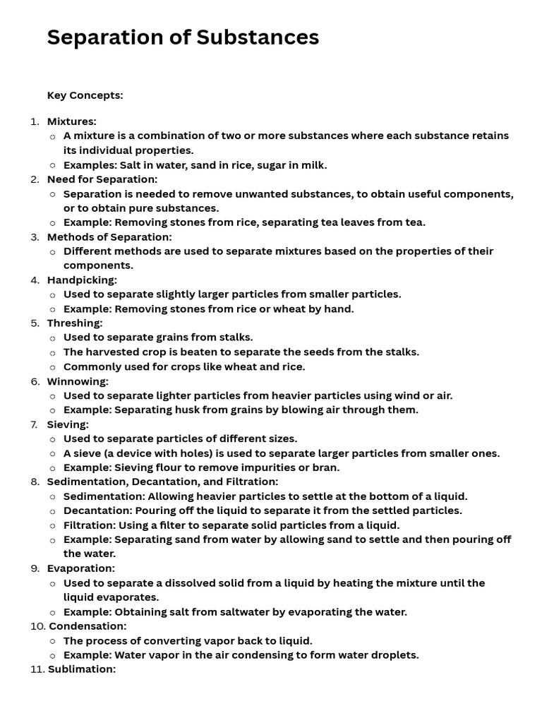 Class 6 CBSE Science - Chapter 5 Separation of Substances Notes | PDF ...