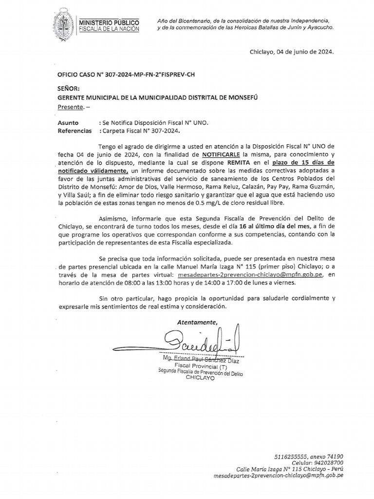 Oficio Caso #307-2024-Mp-Fn-2°fisprev-Ch y Disp Uno - Muni Monsefu | PDF