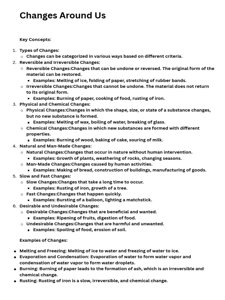 Class 6 CBSE Science - Chapter 6 Changes Around Us Notes | PDF | Water ...