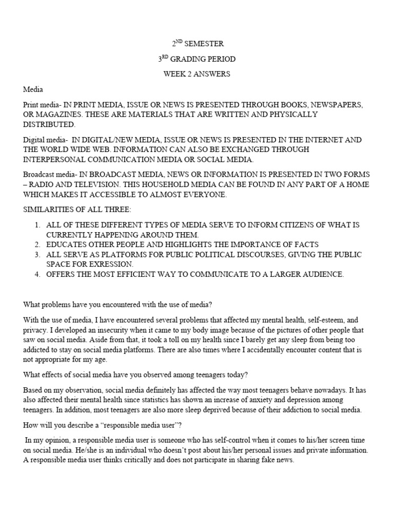 3RD Quarter SLK 2 Answers | PDF | Mass Media | Social Media