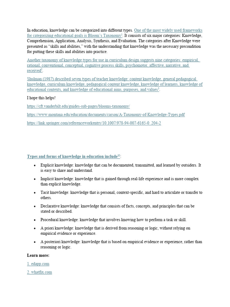 Summary of Types of Knowledge | PDF | Knowledge | Procedural Knowledge