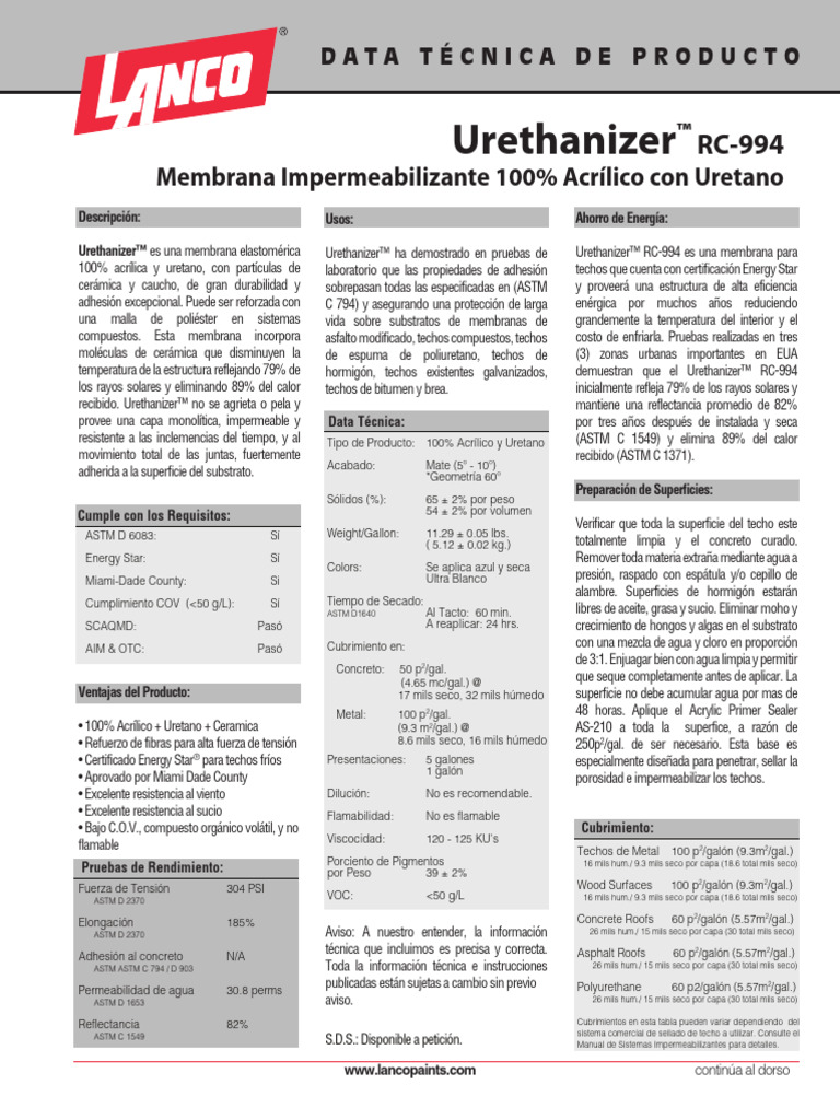 Urethanizer RC994 TDS ESP 1 | PDF | Poliuretano | Hormigón