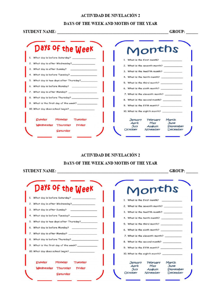 Vocabulary. Days and Months | PDF