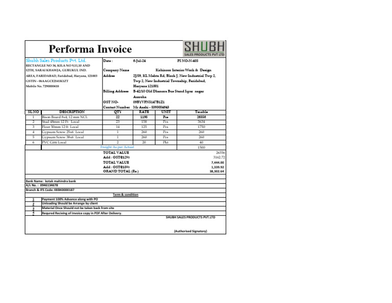 Performa Invoice N - 405 - Kohinoor Interior Work & Design 3 | PDF ...