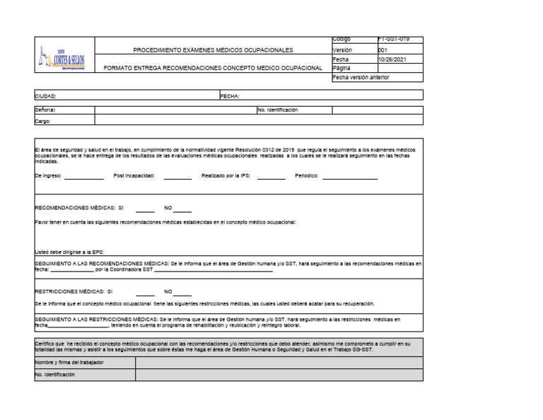 3. 19-FFT-SST-019-FORMATO ENTREGA RECOMENDACIONES CONCEPTO MEDICO OCUPACIONAL | PDF