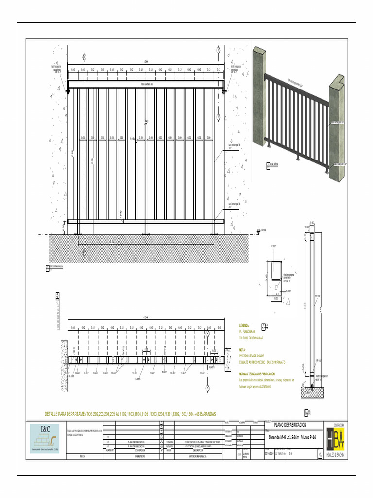 Plano - E-1 - Baranda M-6 L=1-94m Muros P-14 (1) | PDF