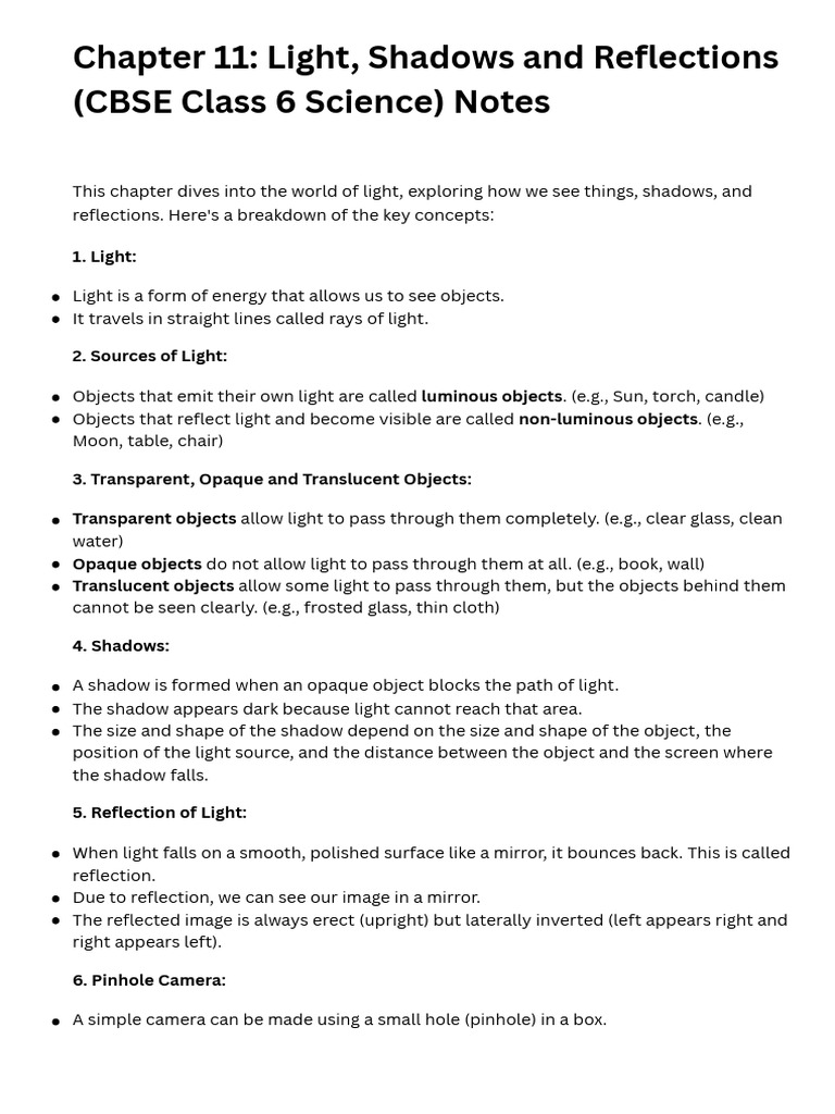 Chapter 11 Light, Shadows and Reflections (CBSE Class 6 Science) Notes ...