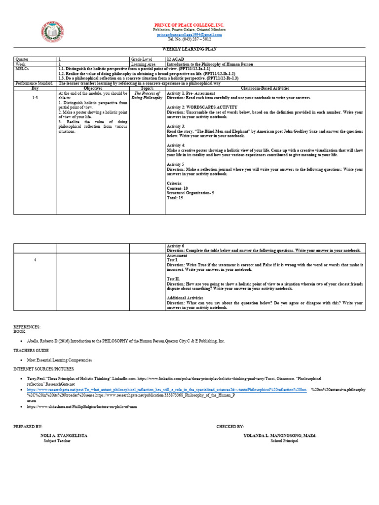 Grade 12 Weekly Learning Plan: Philosophy | PDF | Learning | Holism