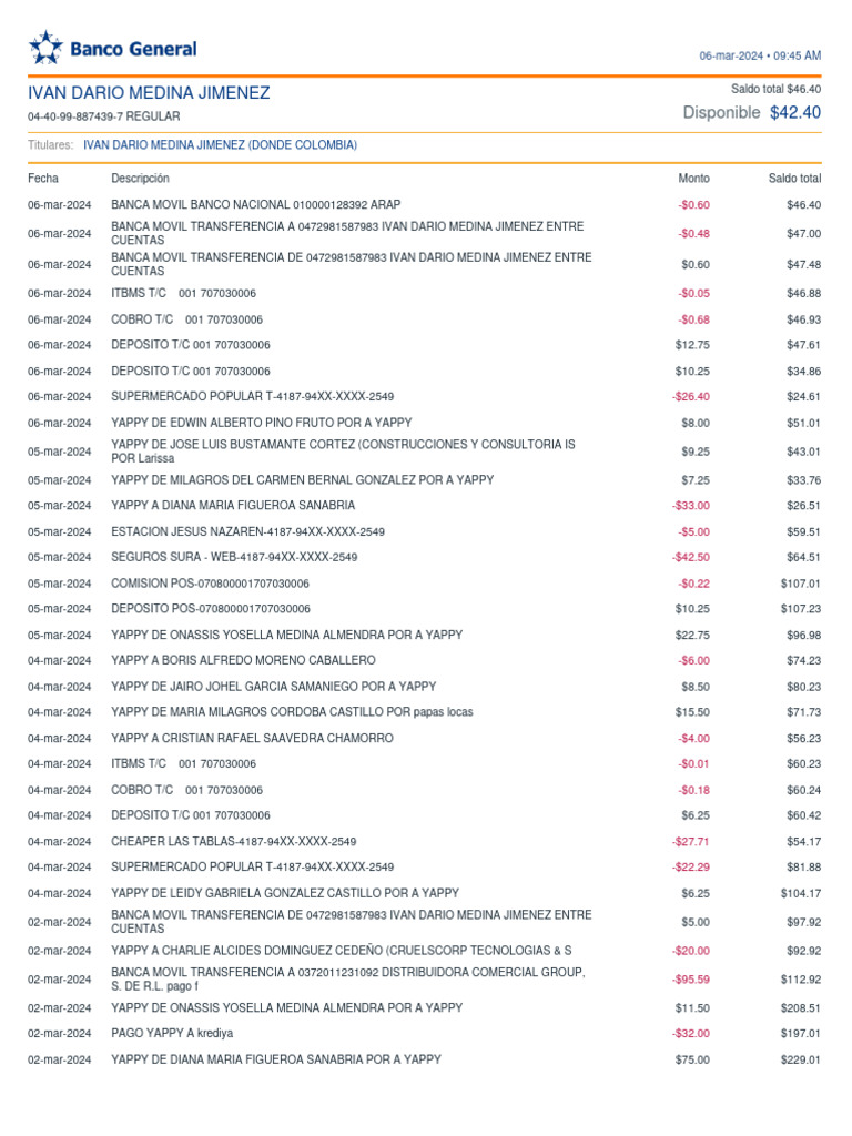 Ultimos Movimientos Cuenta de Ahorros 2024-03-06 | PDF | Tecnología financiera | Finanzas y ...