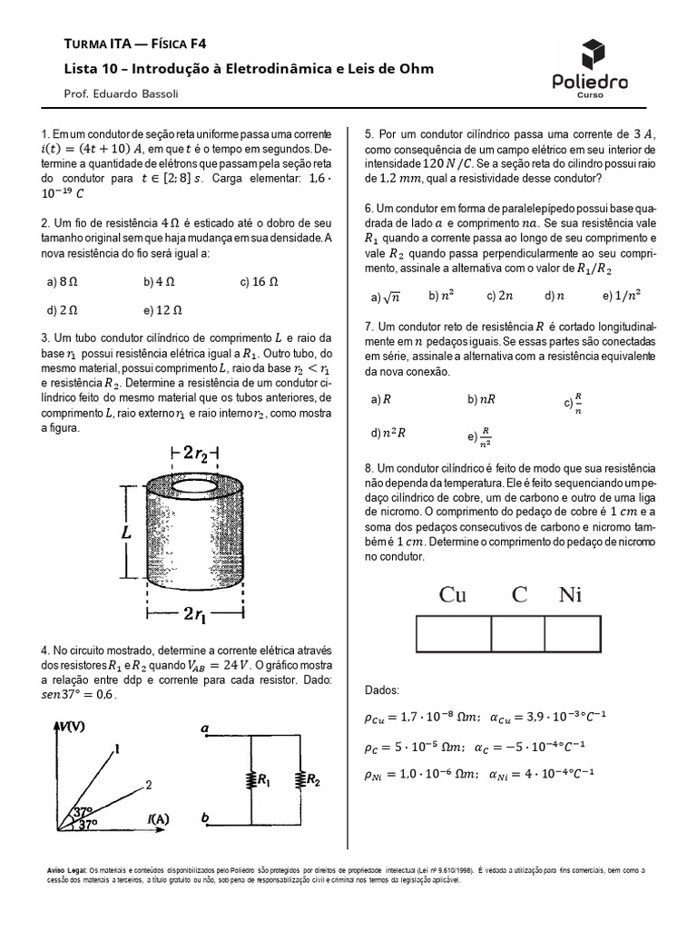 F4 - Lista 10 - Introdução À Eletrodinâmica e Leis de Ohm | PDF ...