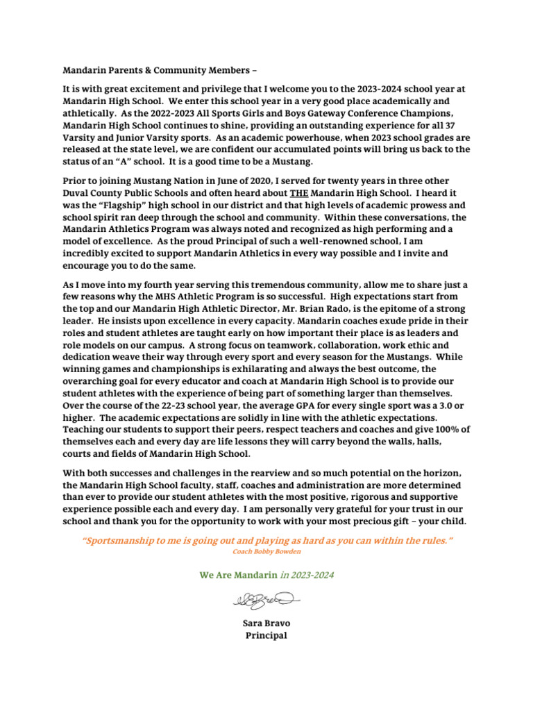 MHS Athletics Principal Letter 2023 | PDF | Sports & Recreation